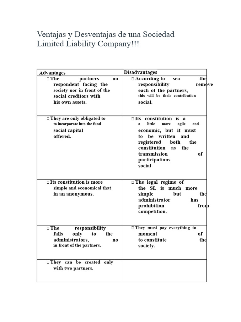 Advantages and Disadvantages of A Limited Liability Company | PDF ...