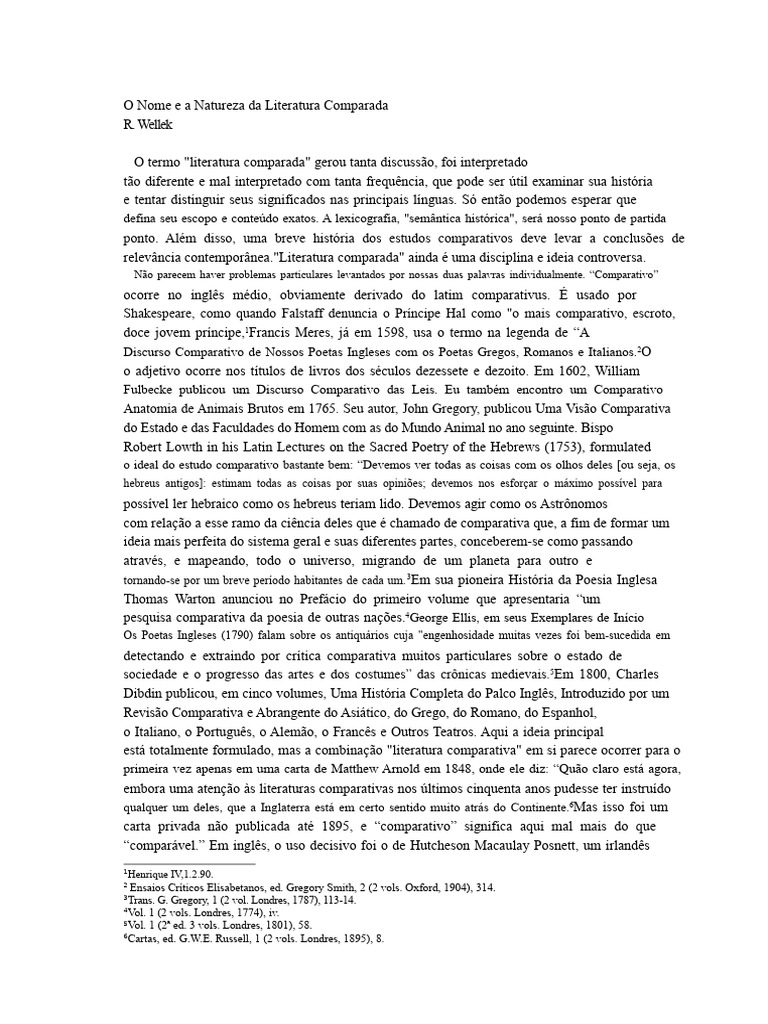 Wellek Nome e Natureza Da Literatura Comparada | PDF | Crítica | Roma ...
