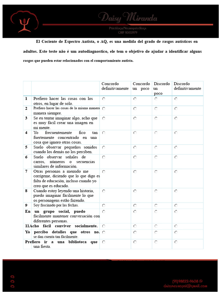 Test de Cociente de Espectro Autista | PDF | Autismo | Enfermedades y ...