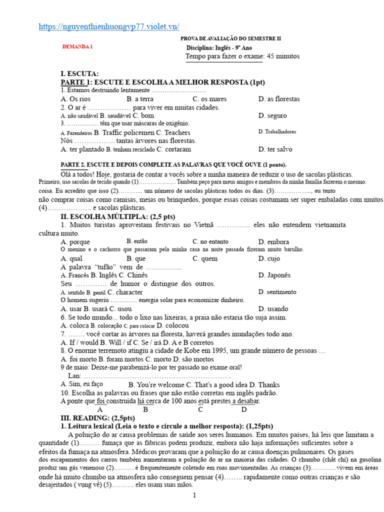 onluyen.vn_Prova do segundo semestre de inglês da turma 9 código 1 | PDF | Madeira | Carro