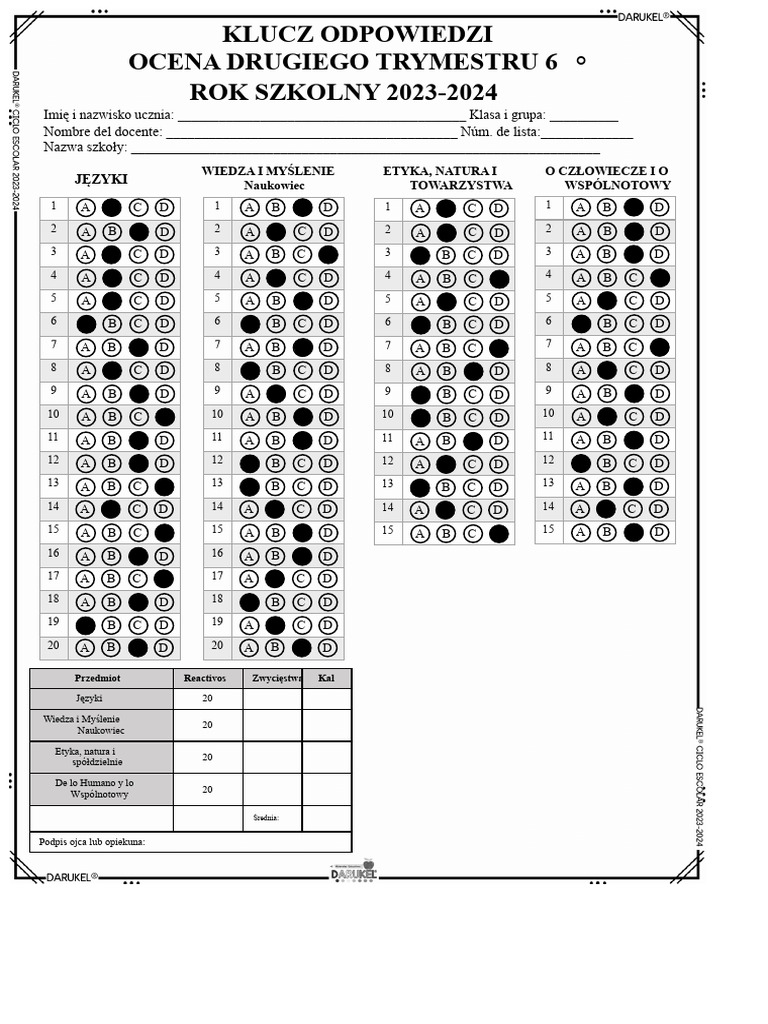 6â° Trim2 Rozwiązanie Arkusz Odpowiedzi Darukel 2023-2024 | PDF