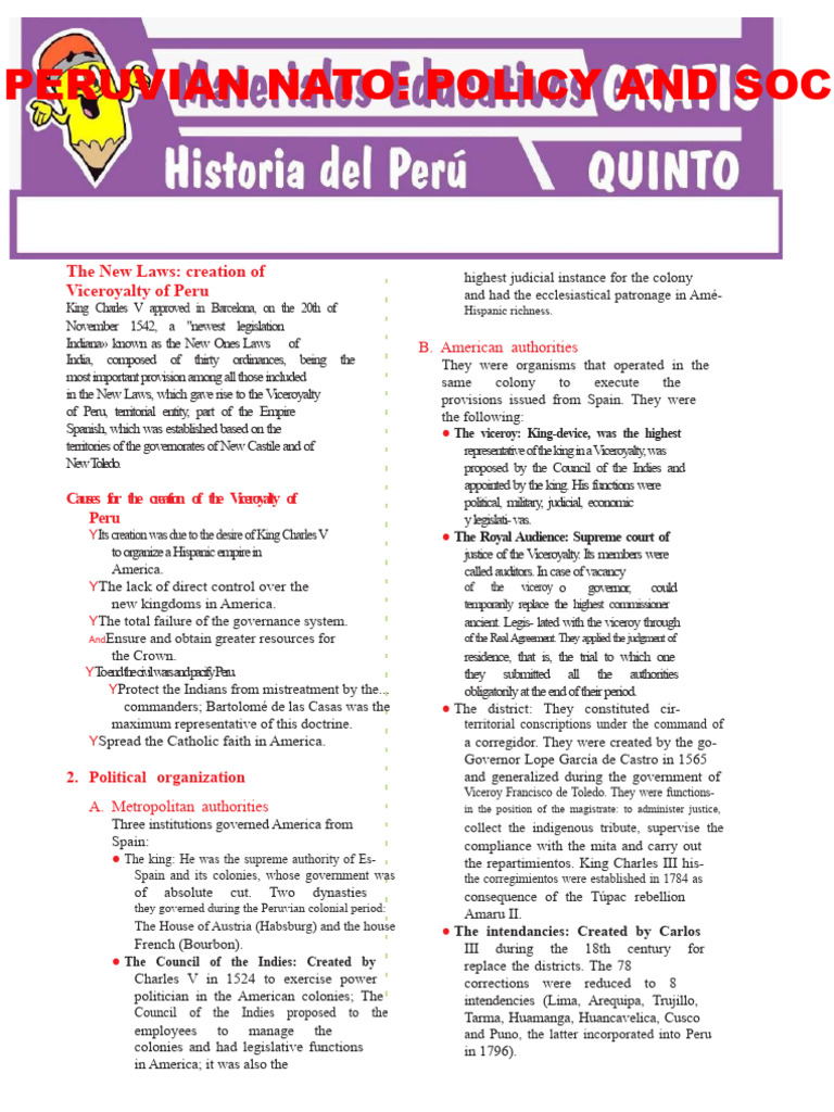 Politics and Society of The Peruvian Viceroyalty For Fifth Grade of ...
