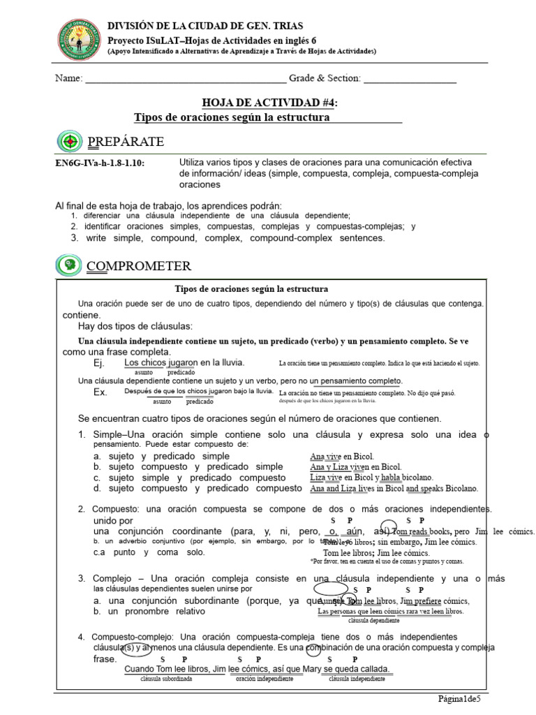 Eng6_Q3-AS#4_Frases_FINAL | PDF | Oración (Lingüística) | Asunto ...