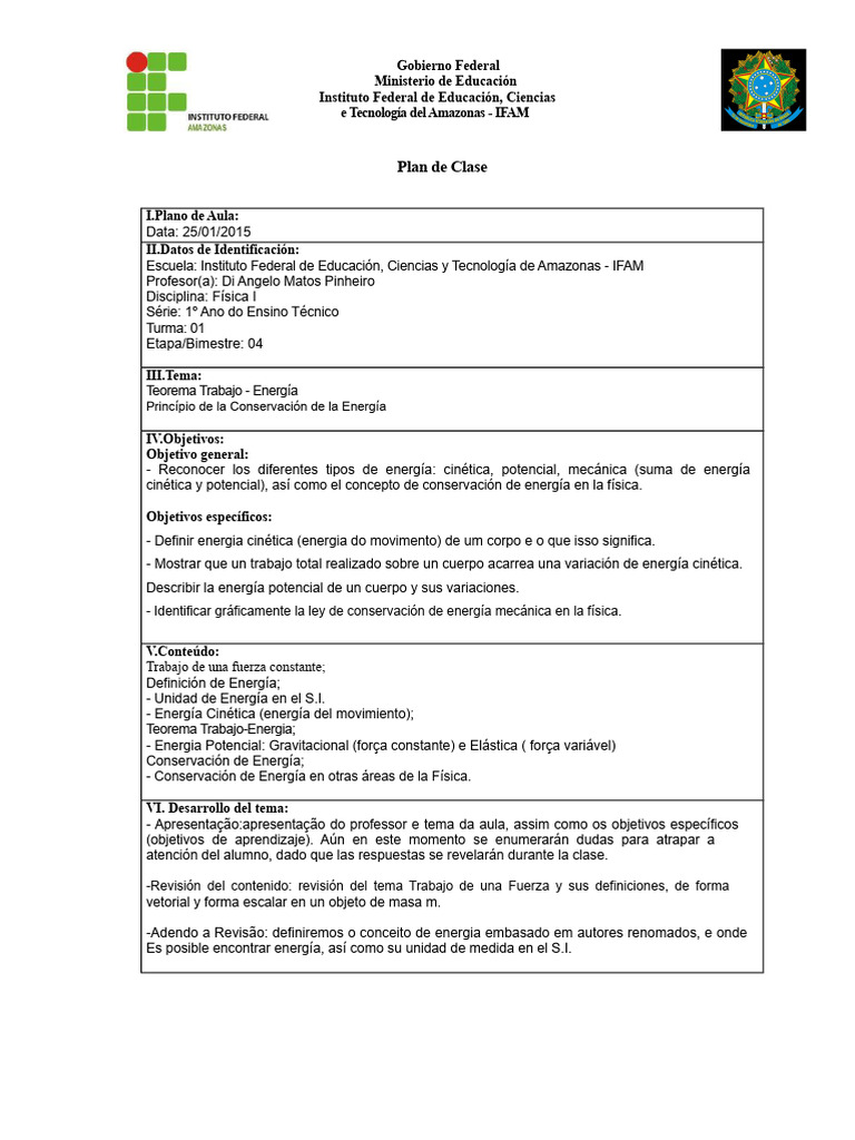 Modelo de Plan de Clase Teorema Energía Trabajo | PDF | Energía ...