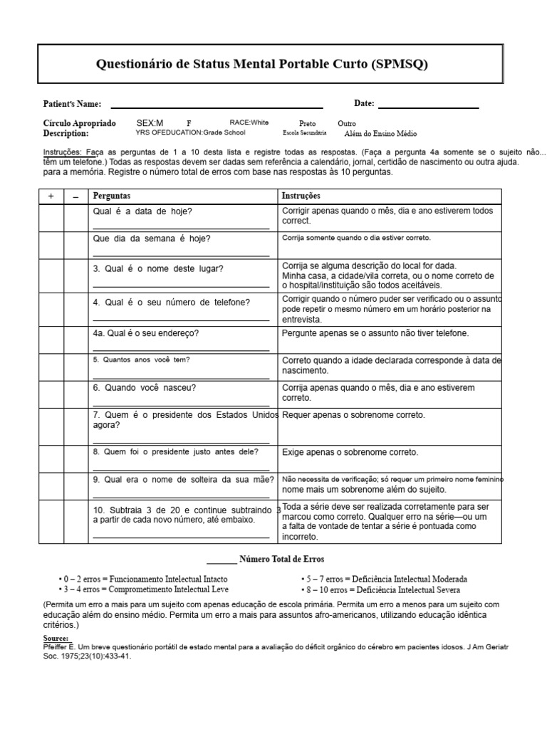 Questionário SPMSQ para Avaliação Mental | PDF
