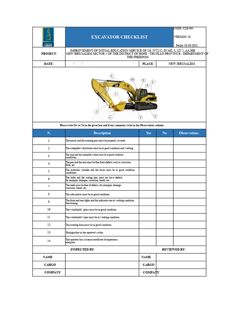 Excavator Safety Inspection Checklist | PDF