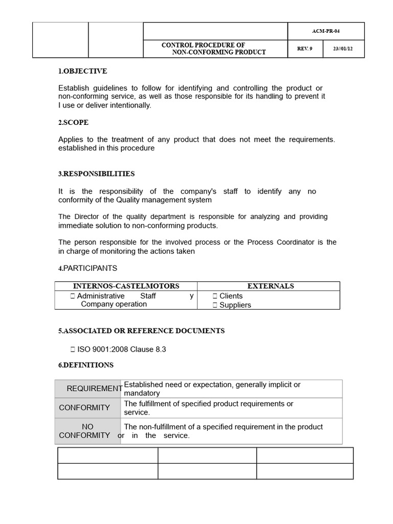 Non-Conforming Product Control Procedure | PDF