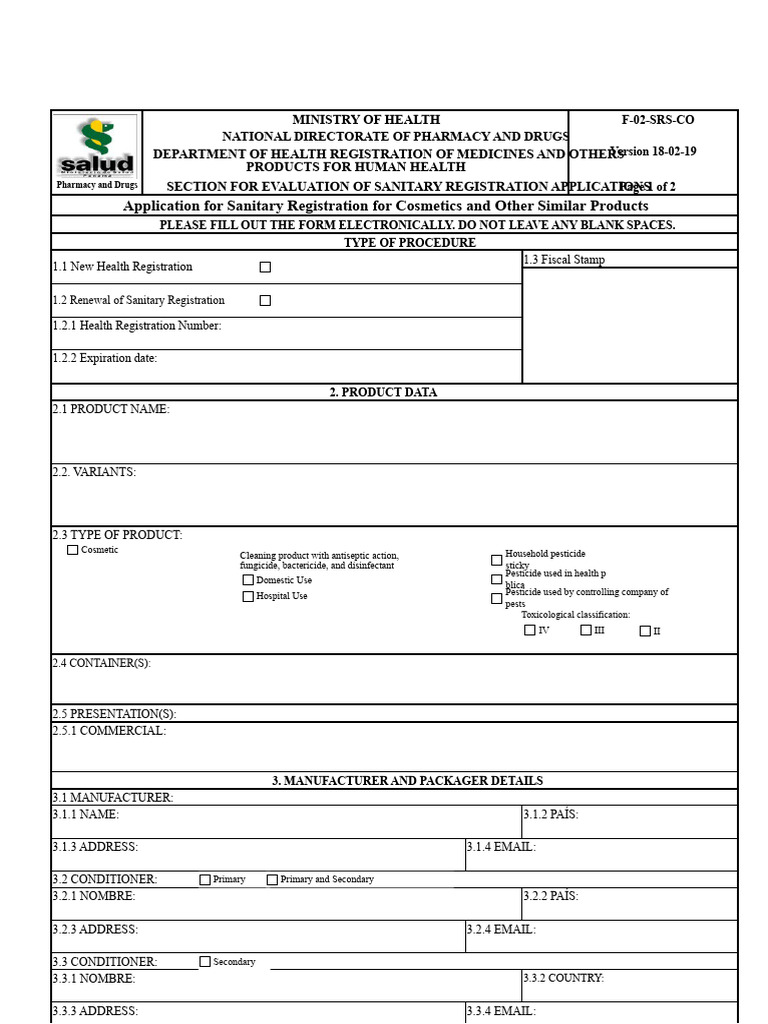 F-02-Srs-Co Application Form For Sanitary Registration - Cosmetics and ...