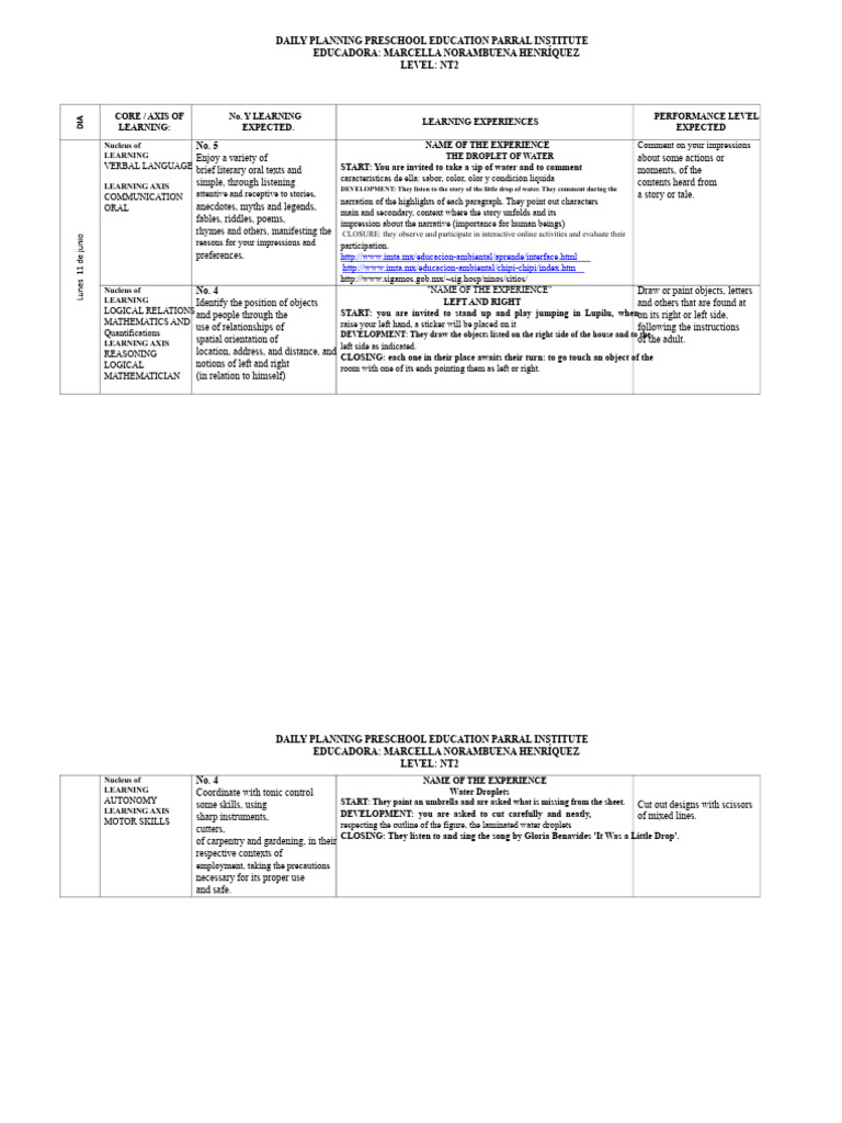 Preschool Daily Planning Guide NT2 | PDF | Cognition | Learning