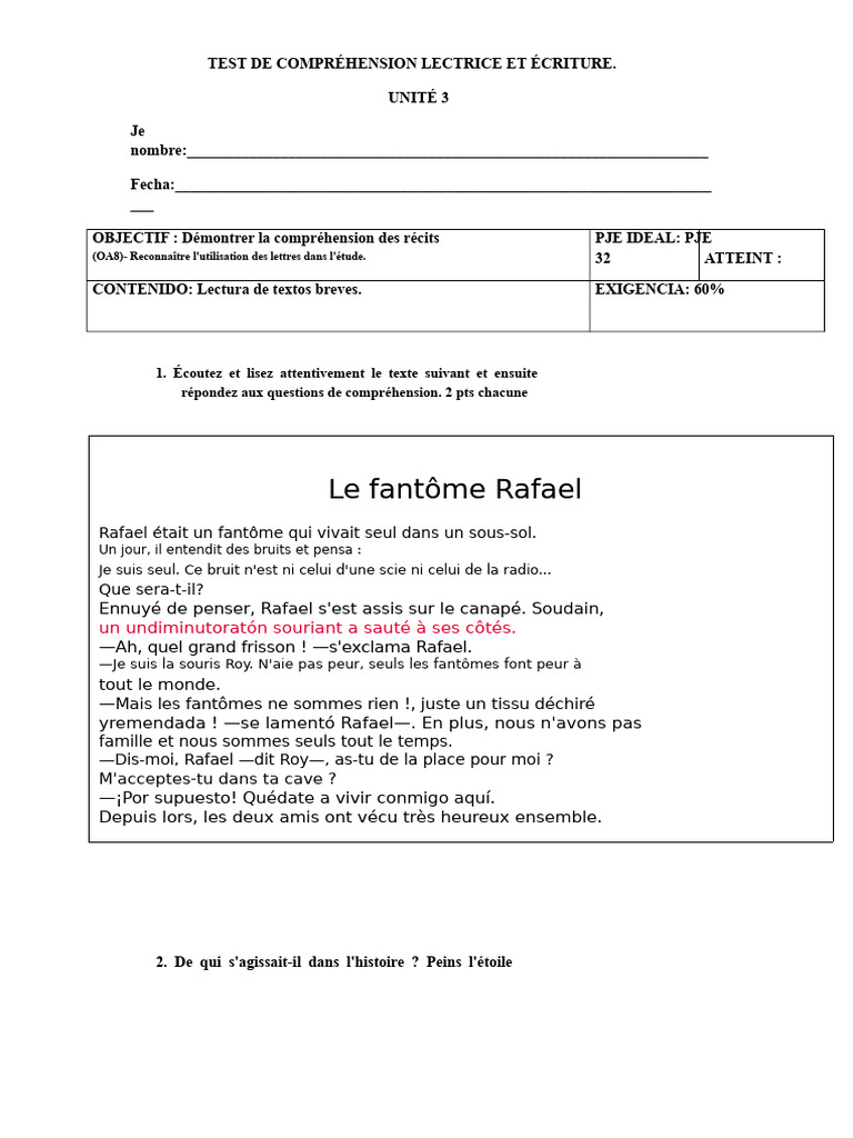 Test de Compréhension de Lecture Et Écriture Fantôme Rafael | PDF