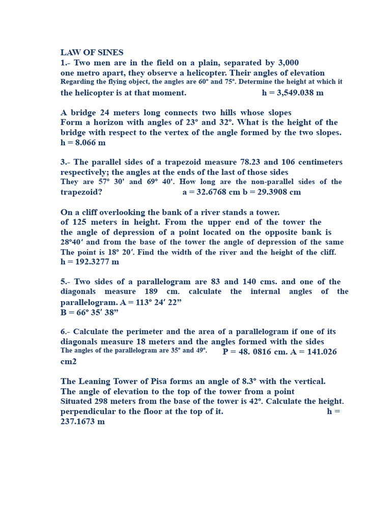 Exercises on the Law of Sines and Cosines | PDF | Trigonometric ...