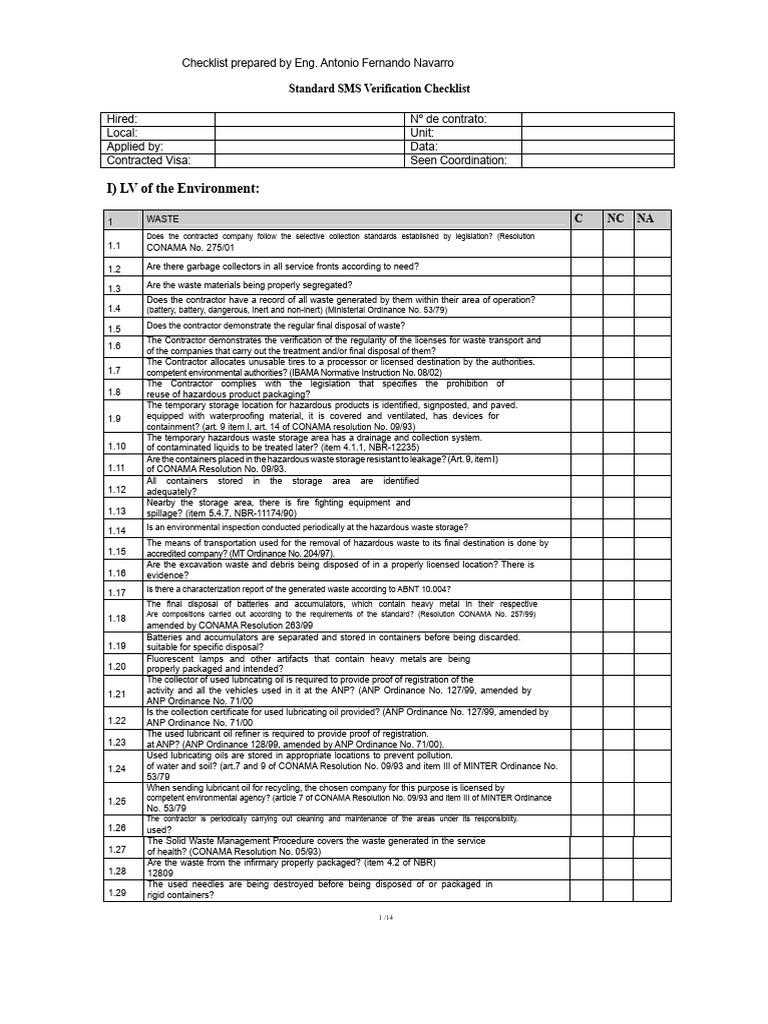 Check List For Biweekly Risk Assessment in Construction Sites | PDF ...