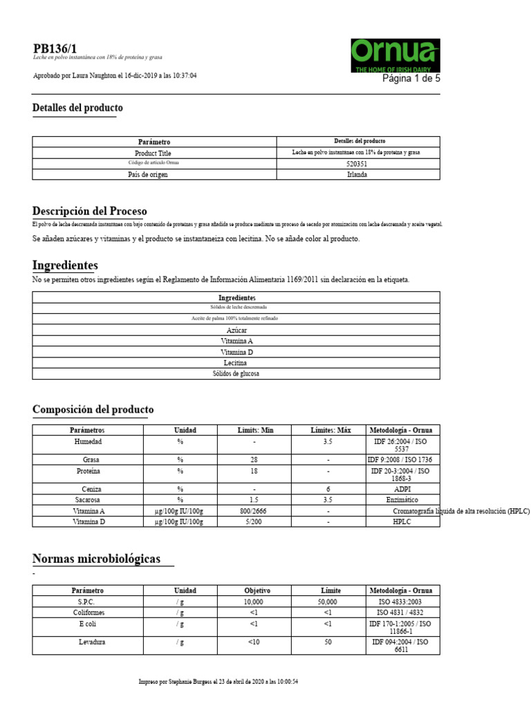 LP FFMP - 18% | PDF | Leche | Alimentos