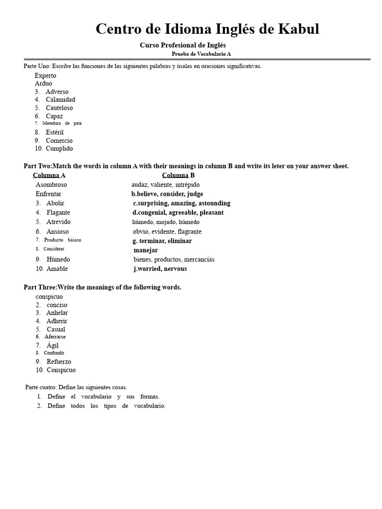 Prueba de Vocabulario Un PELC Farhat | PDF