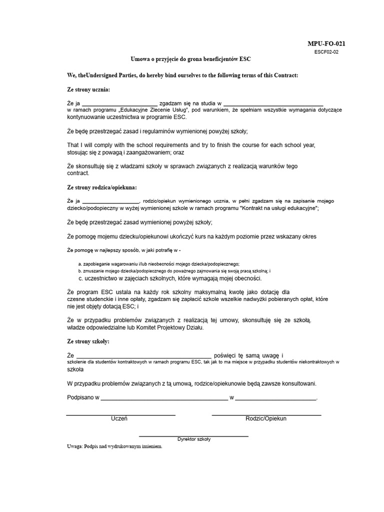 Umowa o Przyznanie Grantu ESC - Grantee - Enrolment - Contract2 | PDF