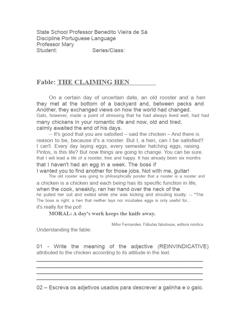 Fable Analysis: The Claiming Hen | PDF | Chicken