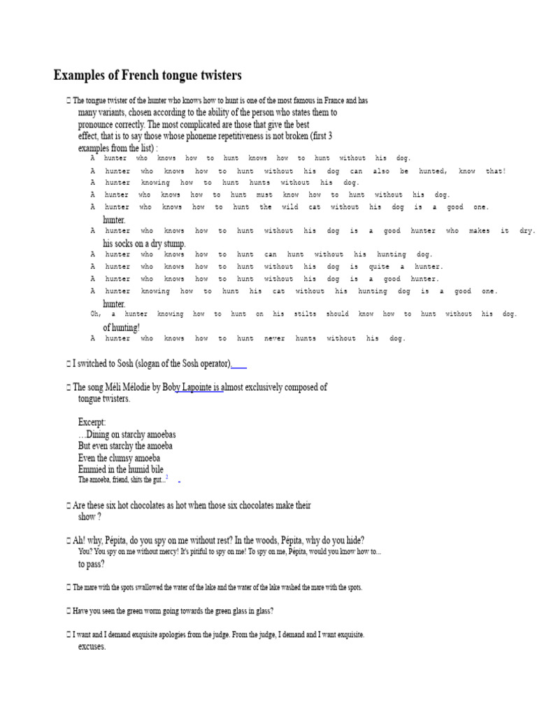 French Tongue Twisters Collection | PDF | Hunting