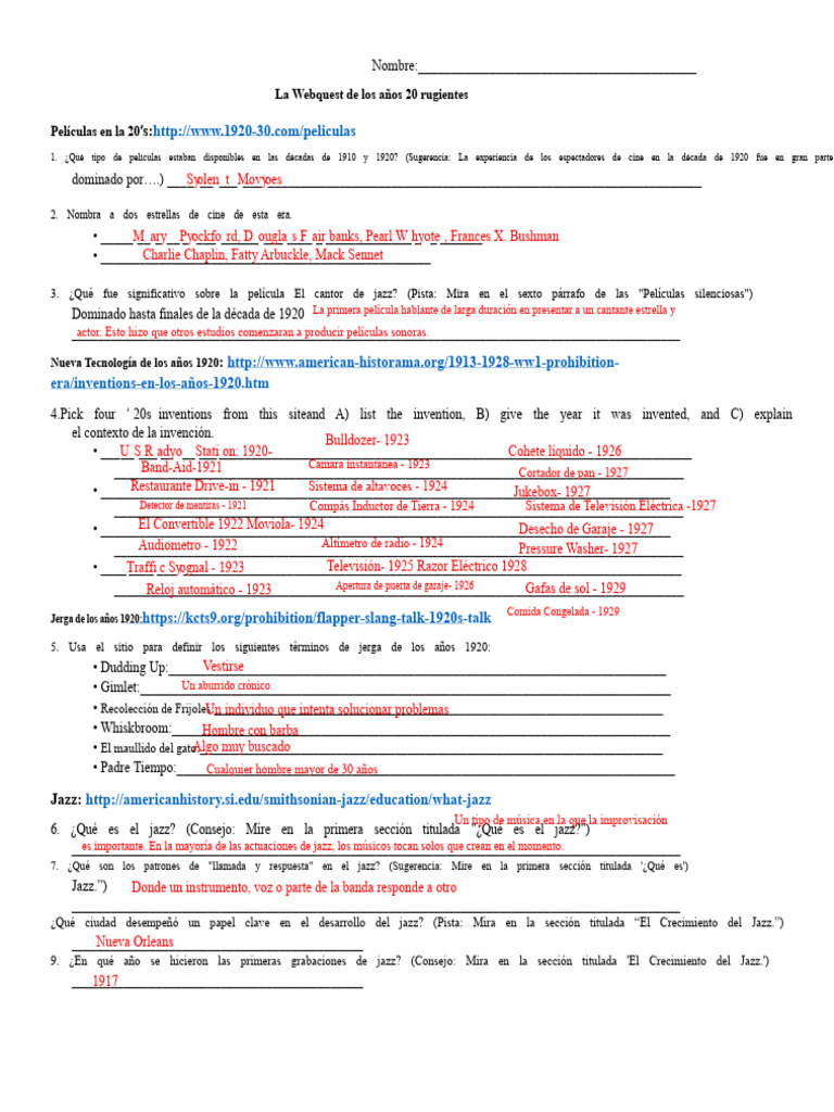 Webquest de Los Años 20 - Clave de Respuestas | PDF | renacimiento de ...