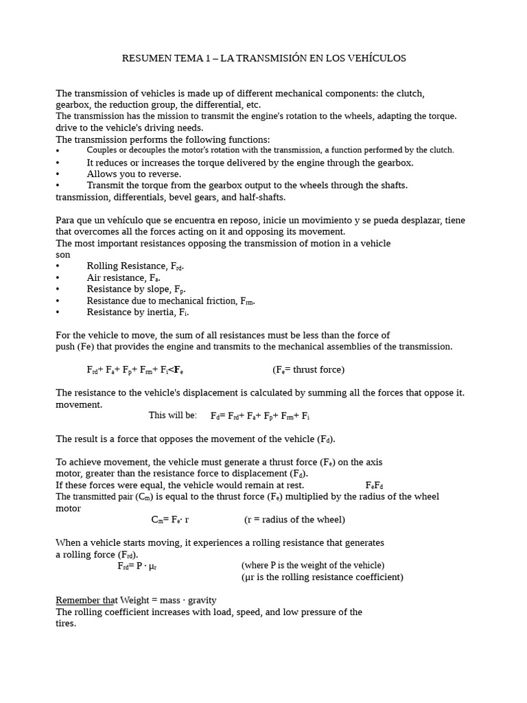 Summary Topic 1 - The Transmission in Vehicles | PDF | Automotive ...