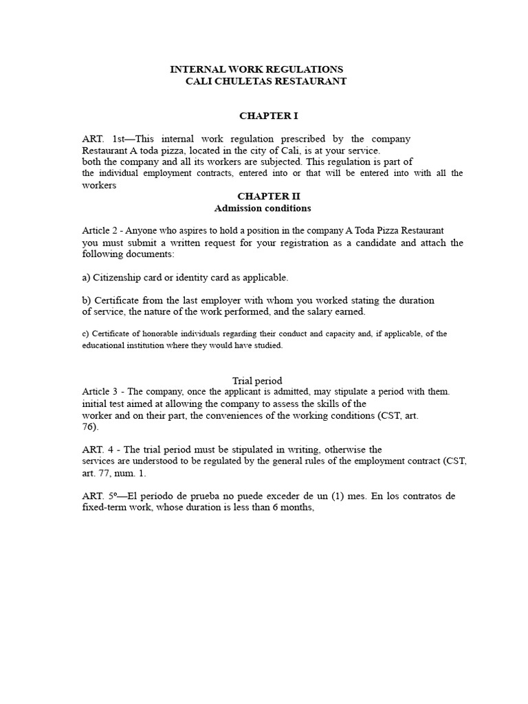 Internal Work Regulations for A Toda Pizza | PDF | Occupational Safety ...