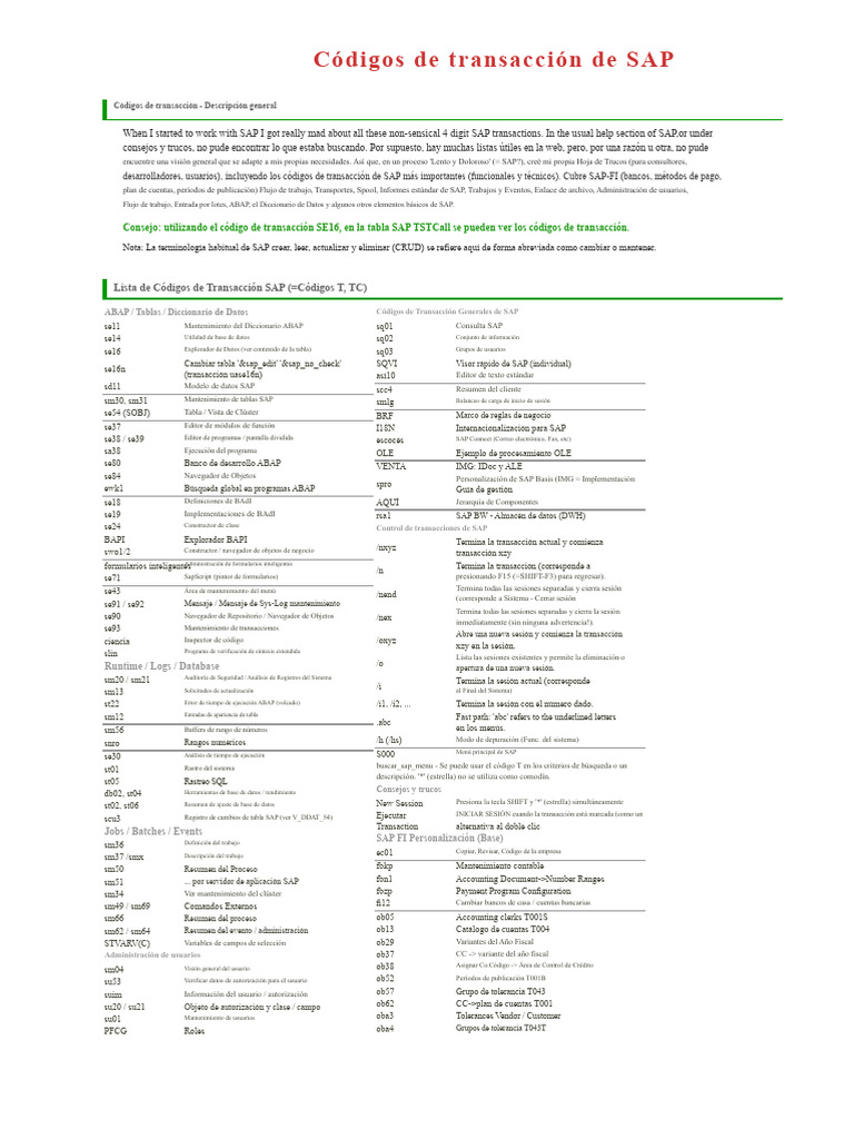 Códigos de Transacción SAP - Resumen | PDF | Programa de computadora ...