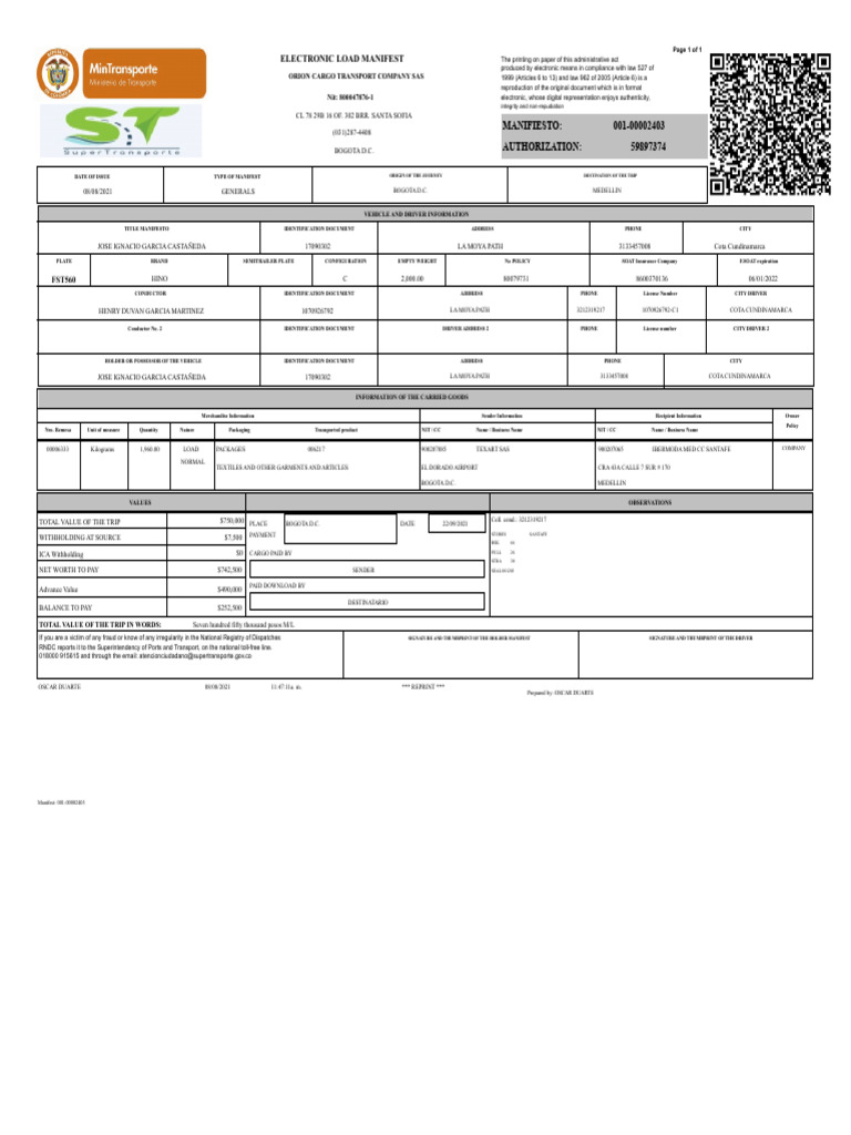 Electronic Load Manifest: 001-00002403 59897374 Manifiesto ...