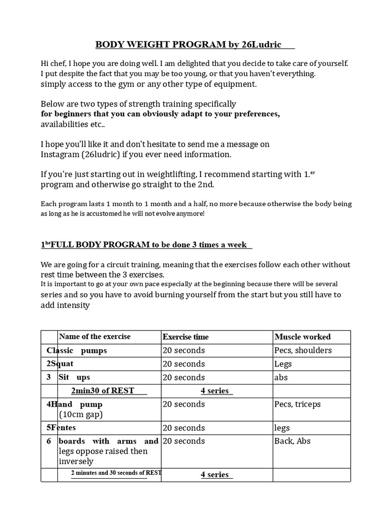 Bodyweight Workout Program | PDF | Strength Training | Management Of ...