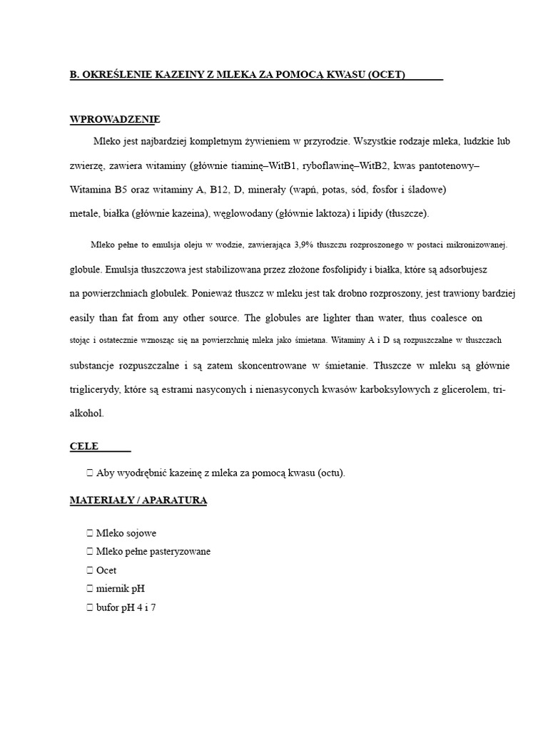 Określenie Kazeiny Z Mleka Za Pomocą Kwasu | PDF