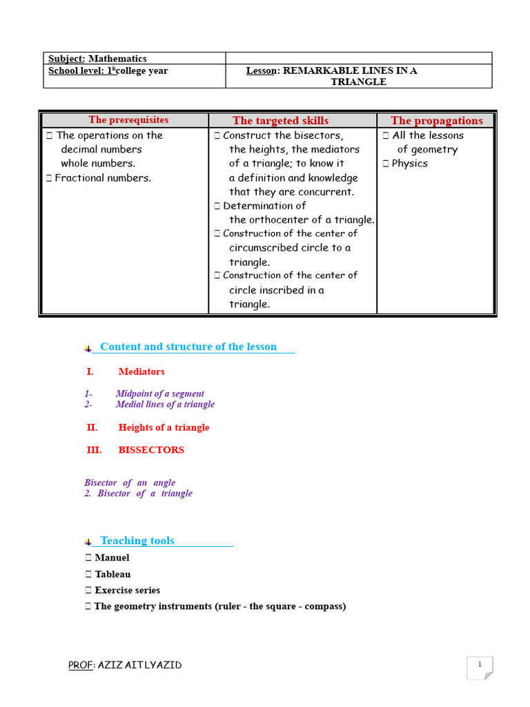 Remarkable Lines in a Triangle | PDF | Triangle | Elementary Geometry