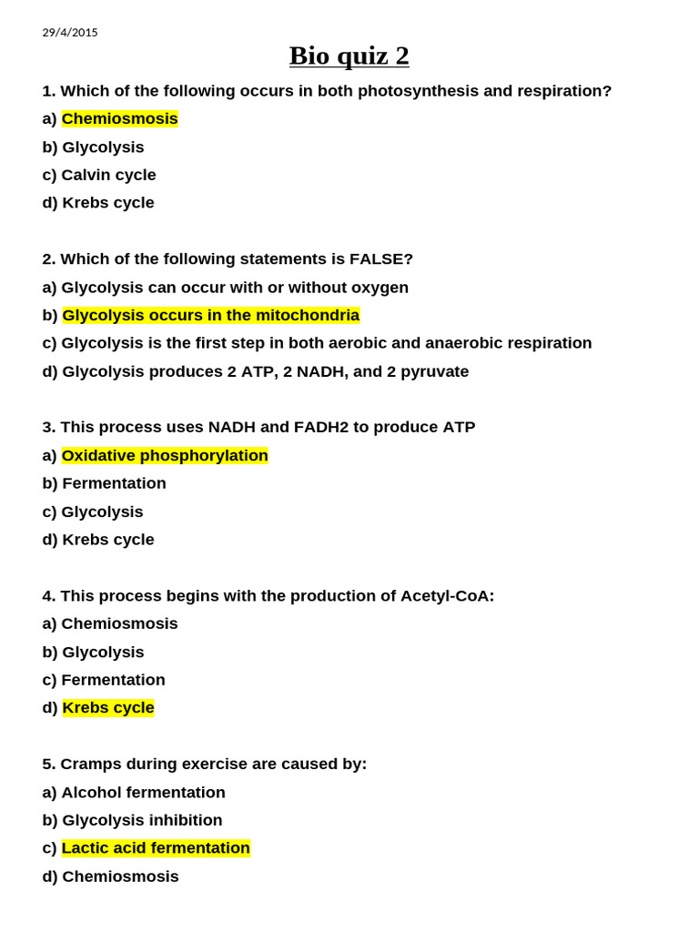Bio Quiz 2 - 1 | PDF | Cellular Respiration | Glycolysis