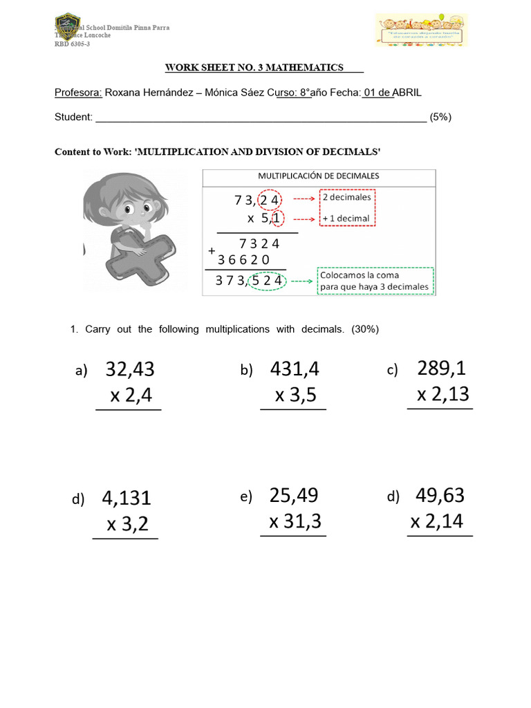 Sheet 3-8: MULTIPLICATION AND DIVISION OF DECIMALS | PDF