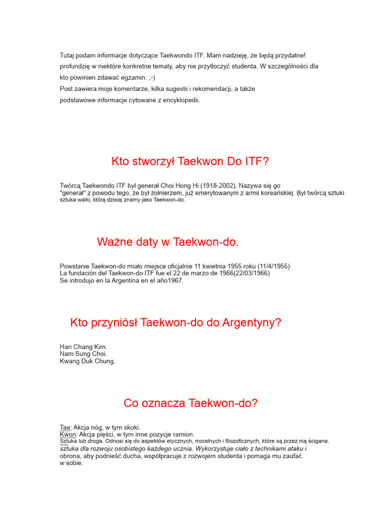 Taekwondo ITF - Notatki | PDF