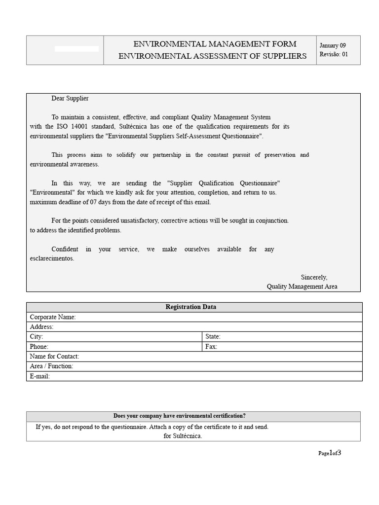 Supplier Evaluation Questionnaire - Example 2 | PDF | Waste | Recycling