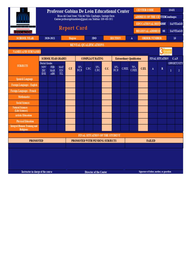 Report Card - 3RD Grade - 2020-2021 | PDF