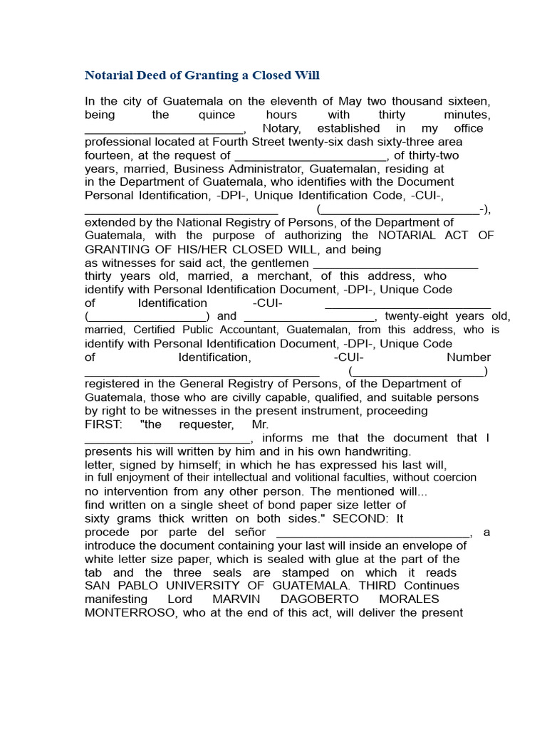 Notarial Deed for Closed Will in Guatemala | PDF | Justice | Crime ...
