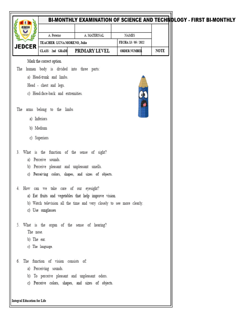 Science Exam 2ND Grade Primary | PDF