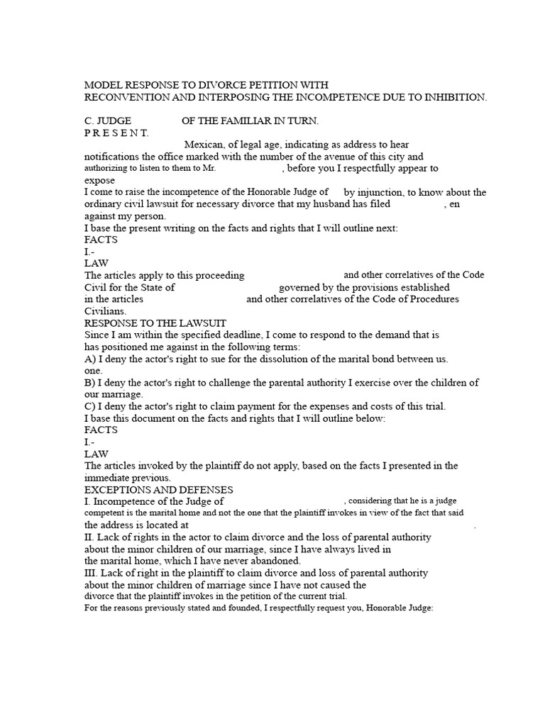 Model of Response To Divorce Lawsuit With Counterclaim | PDF | Lawsuit ...