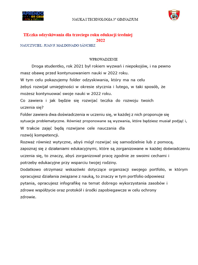 Foldera Odzyskiwania Dla Trzeciej Klasy Szkoły Średniej 2022 | PDF