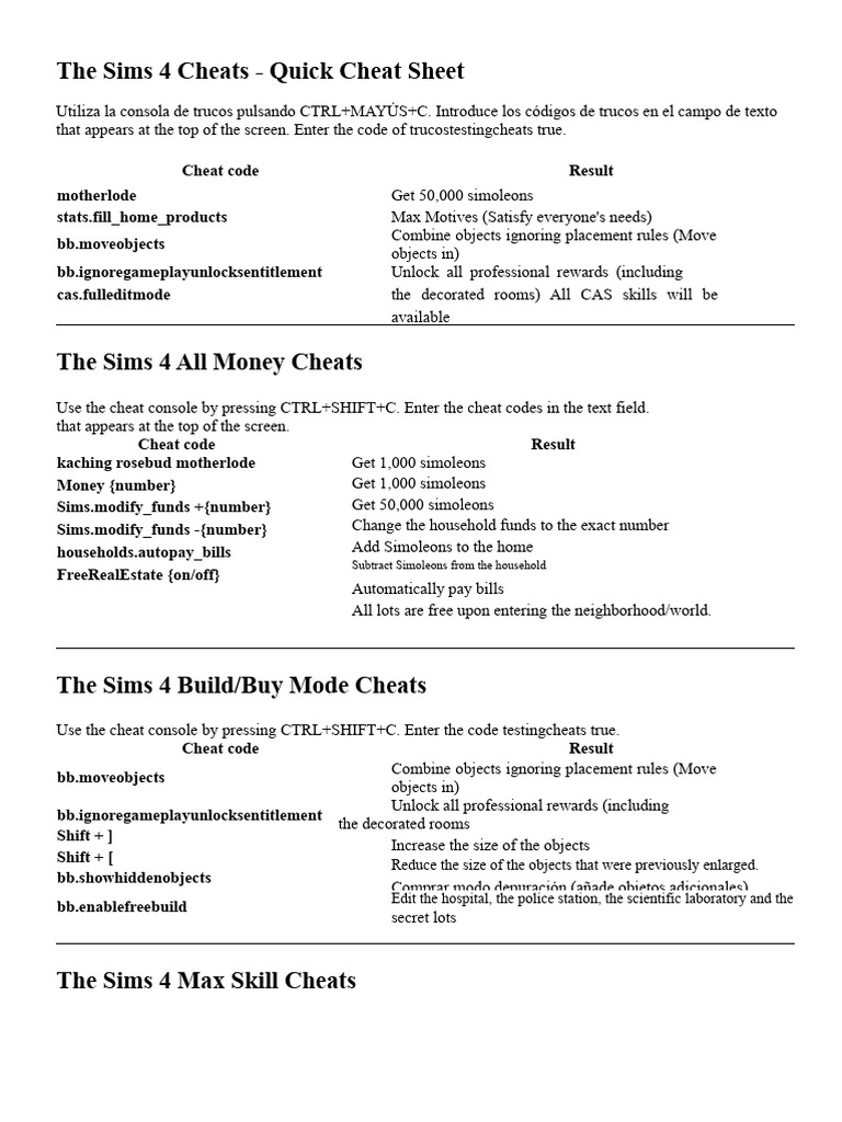 The Sims 4 Cheats | PDF | Video Games