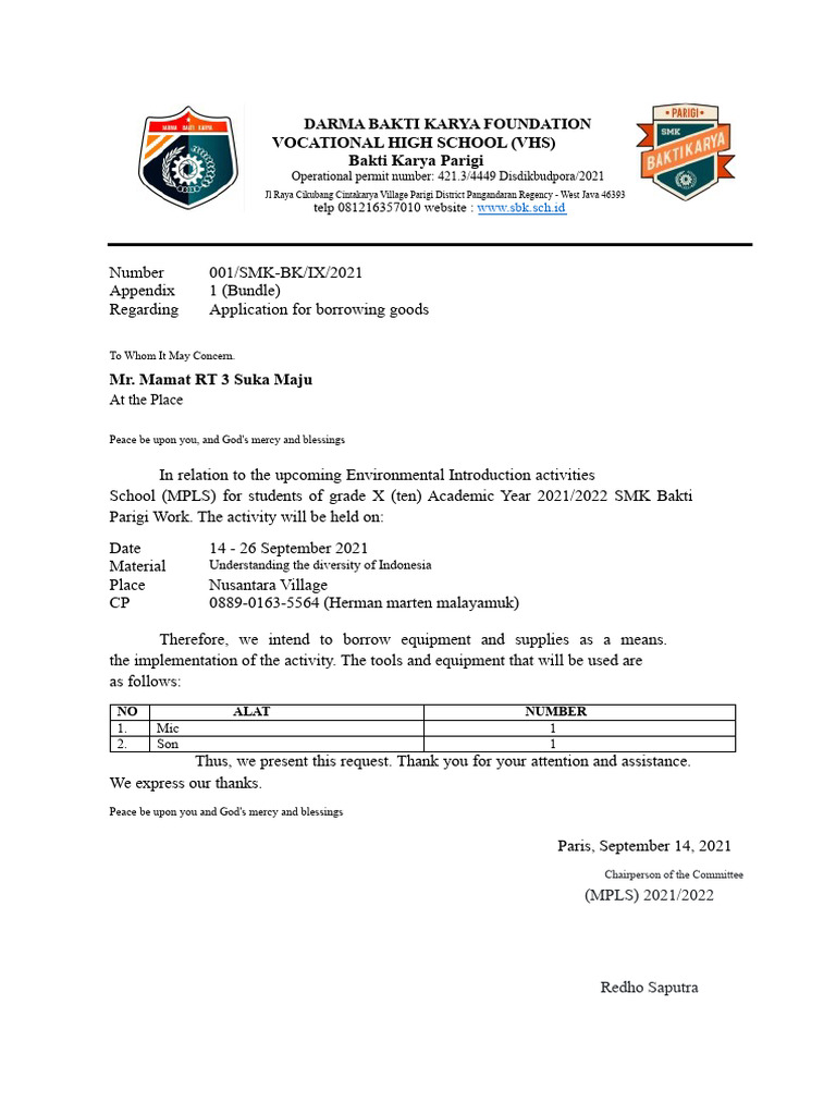 Letter of Borrowing Goods | PDF | Indonesia