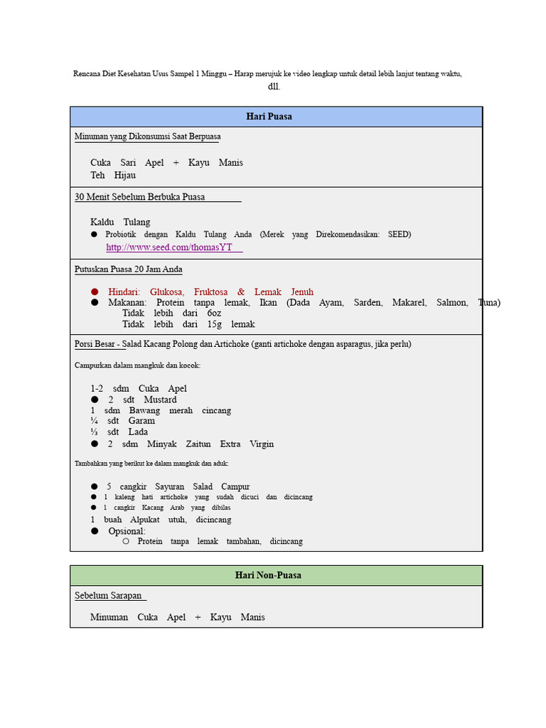 Rencana Diet Reset Usus Sampel 1 Minggu | PDF