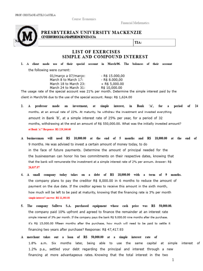 List of Exercises On Simple and Compound Interest | PDF | Interest ...