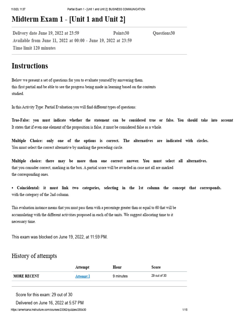 Partial Exam 1 - (Unit 1 and Unit 2) - BUSINESS COMMUNICATION | PDF ...