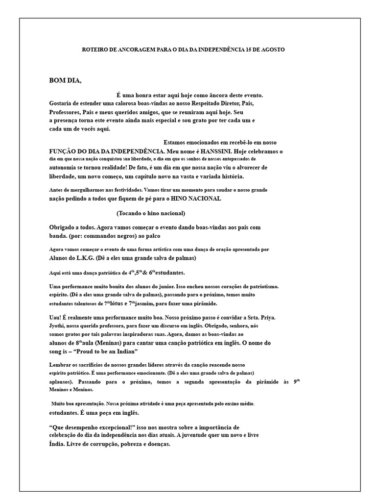 SCRIPT DE ANCORAGEM PARA O DIA DA INDEPENDÊNCIA 15 DE AGOSTO | PDF