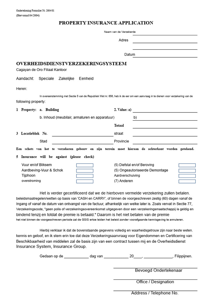 GSIS SJABO Brandverzekeringsaanvraagformulier (TRAD) | PDF