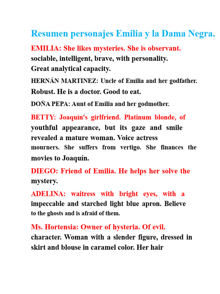 Emilia and the Black Lady Characters Summary | PDF
