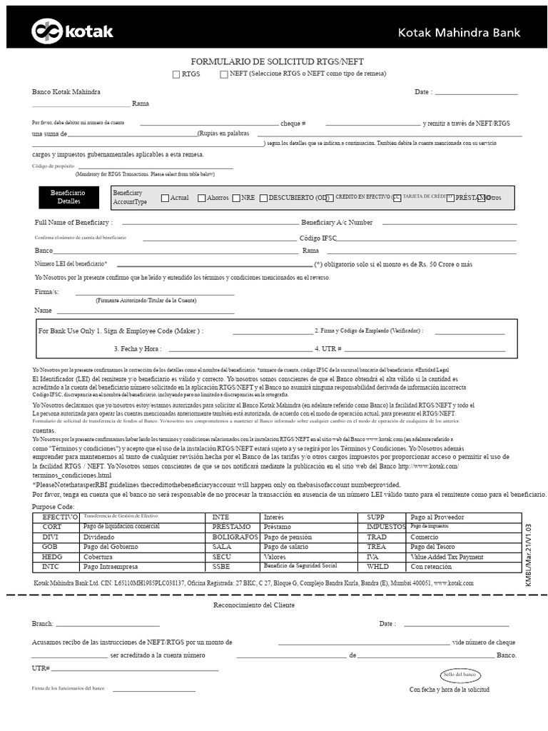 Formulario de solicitud de RTGS y NEFT | PDF | Transferencia bancaria ...