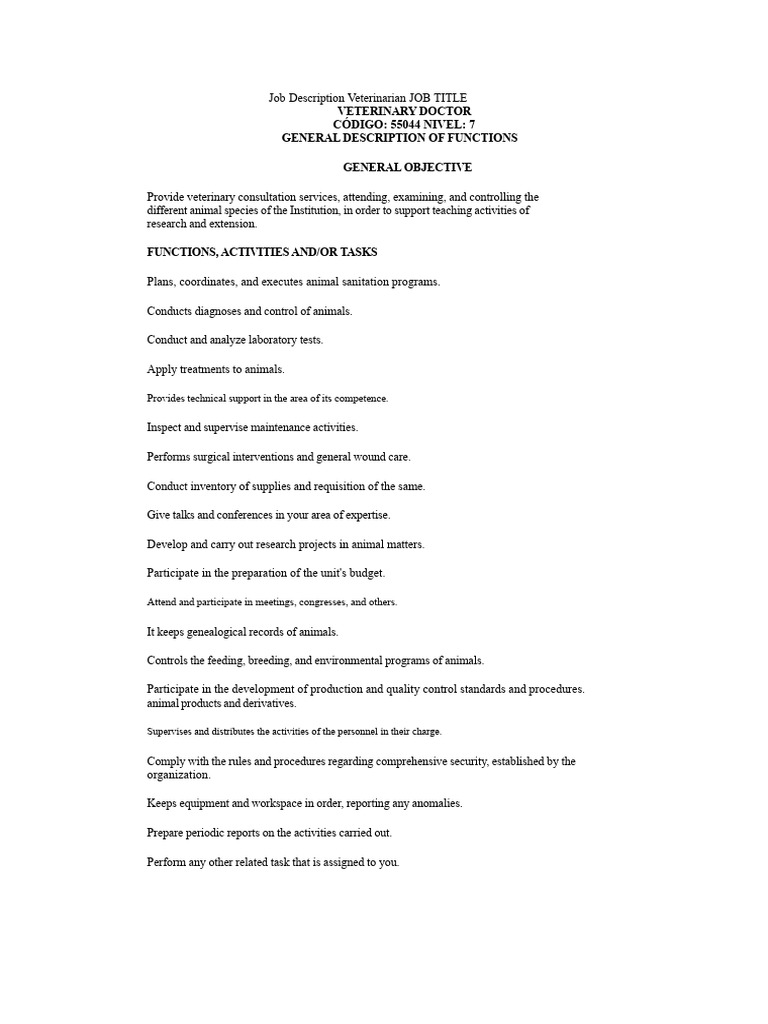 Veterinarian Job Description | PDF | Veterinary Medicine | Risk