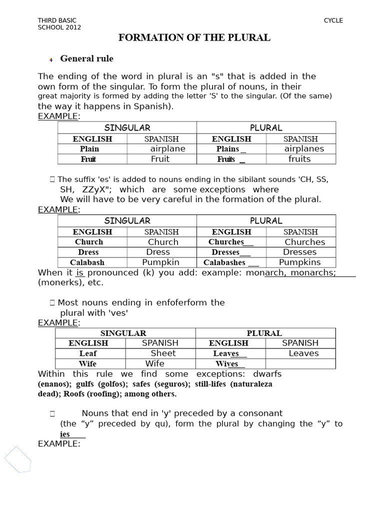 FORMATION OF THE PLURAL - ENGLISH BROCHURE (With Exercise) | PDF | Plural | English Language