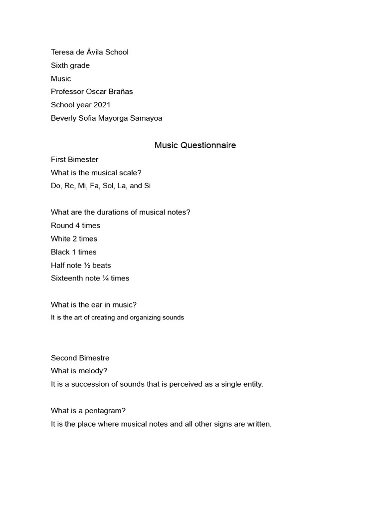 Music Questionnaire | PDF